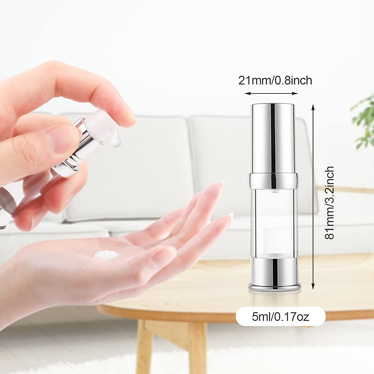 8 Pack 5ml/0.17oz Plastic Airless Pump Bottle Portable Lotion Container Refillable Cream Jar Vacuum Pump Press Dispenser for Travel Cosmetic Emulsion Liquid Foundation Shampoo Toiletries Sample