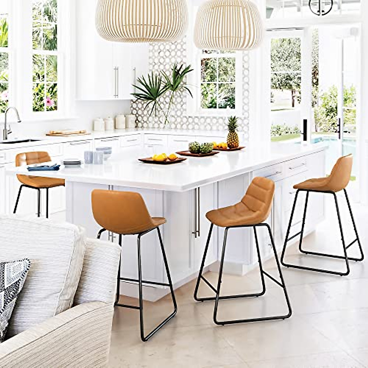 LUE BONA Counter Height Bar Stools, Indoor/Outdoor Mid Century Modern Upholstered Checkered Pattern Leather Dining Chair with Metal Legs, 24" Bar Stools Set of 4, for Kitchen Island, Whiskey Brown