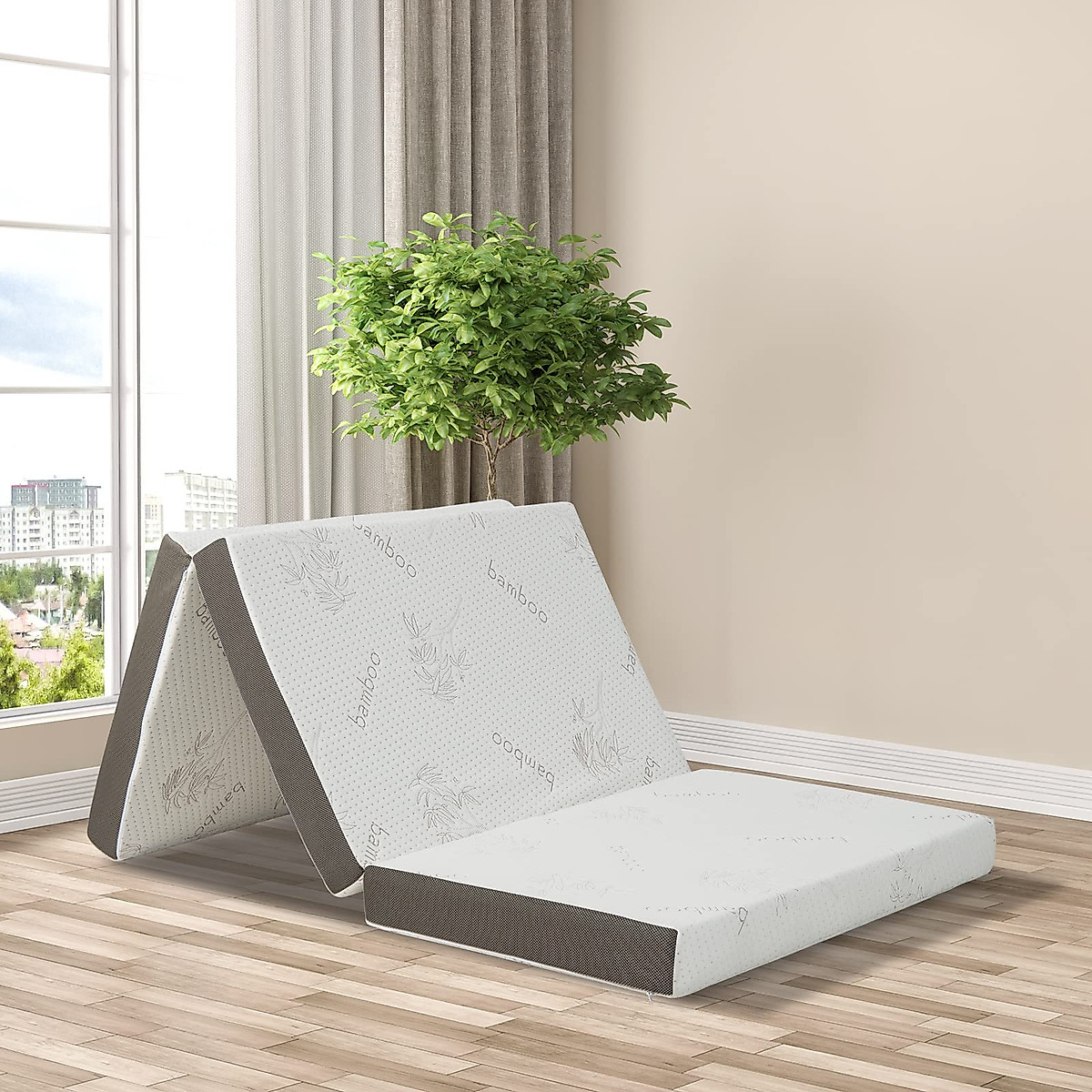 GOFLAME Memory Foam Tri-Fold Mattress, 4” Foldable Floor Mattress with Storage Bag & Removable Cover, Cool Gel Memory Mattress with Bamboo Fabric for Guest Room, Living Room, RV, Camp (Twin XL)