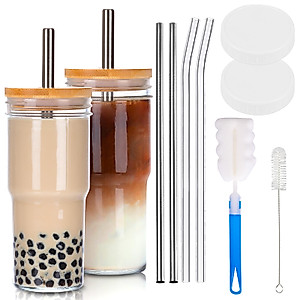 Moretoes 2pcs 24oz Glass Cups with Lids and Straws, Glass Iced Coffee Cups Cute Travel Tumbler Cup, Drinking Jars Set Reusable Boba Bottle for Jumbo Smoothie, Cold Brew, Soda, Juice