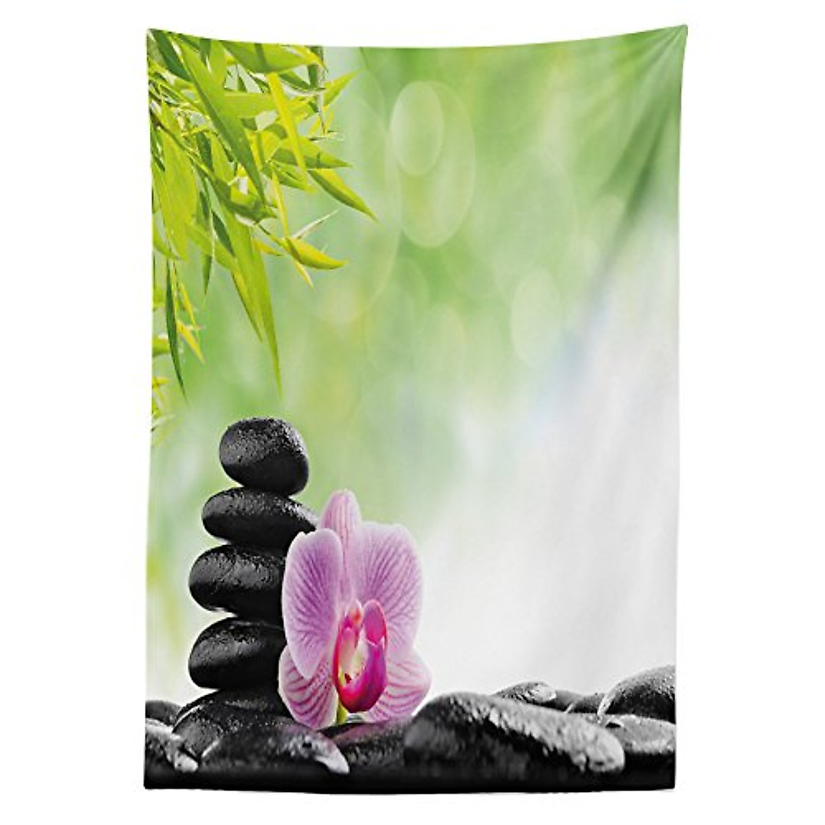 Lunarable Asian Outdoor Tablecloth, Basalt Stone and Orchid Flower with Dew Harmony Therapeutic Spa Theme Photo, Decorative Washable Picnic Table Cloth, 58" X 120", Green Black Pink