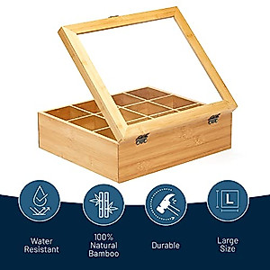 RoyalHouse Big Natural Bamboo Tea Storage Organizer with Clear Acrylic Top Window, 12 Compartments Eco-Friendly Tea Bag Holder, Multi-Functional Storage Box