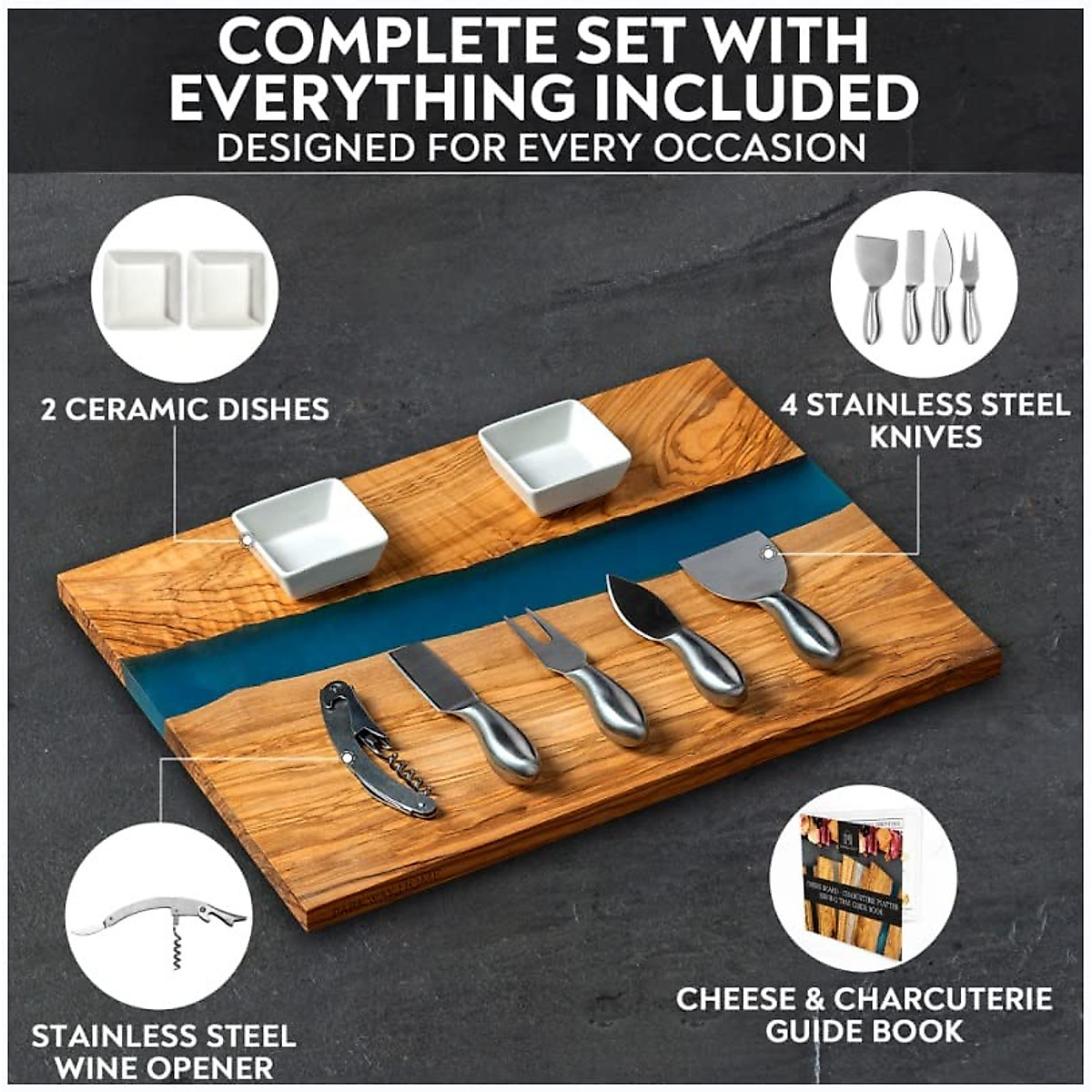 Handcrafted Italian Olive Wood Cheese & Charcuterie Board Set with Unique Blue Resin Artwork - Cutting Board Comes with 4 Cheese Knives, 2 Dipping Bowls & Corkscrew Wine Opener (Blue)