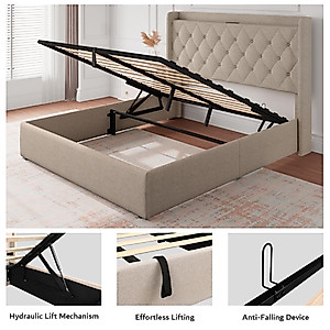 iPormis Queen Size Lift Up Storage Bed Frame with Charging Station, Upholstered Platform Bed Frame with Tufted Headboard, Hydraulic Storage, No Box Spring Needed, Noise-Free, Easy Assembly, Beige