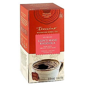 Teeccino Lion’s Mane Rhodiola Rose Mushroom Adaptogen Herbal Tea - Caffeine-Free, 3x More Herbs than Regular Tea Bags, Lightly Sweet from Dates & Figs, Prebiotic - 25 Tea Bags