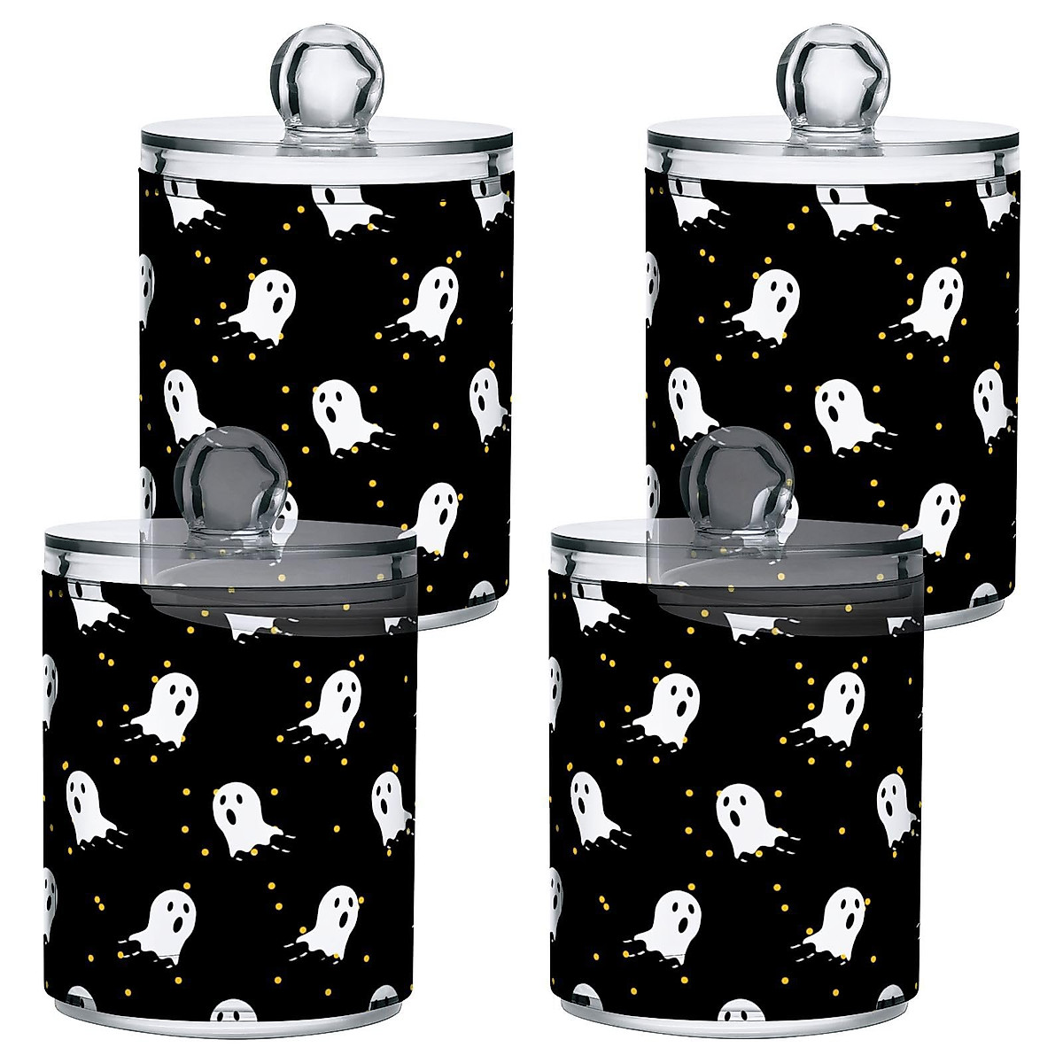 YETTASBIN Halloween Ghost Clear Plastic Apothecary Jars 2 Pack, 14 oz Qtip Holder Dispenser with Lid, Clear Bathroom Storage Canister for Cotton Ball, Cotton Swab