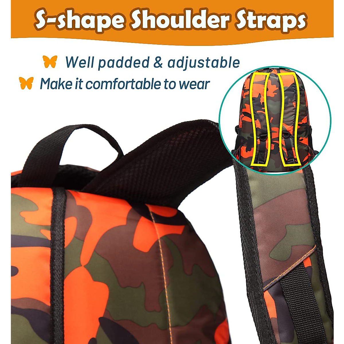 BLUEFAIRY Boys Backpacks Set for Kids Elementary School Bag with Lunch Box Teens Primary Middle School Book Bags Bookbag Schoolbag Sturdy Travel Lightweight Gifts Camo Orange