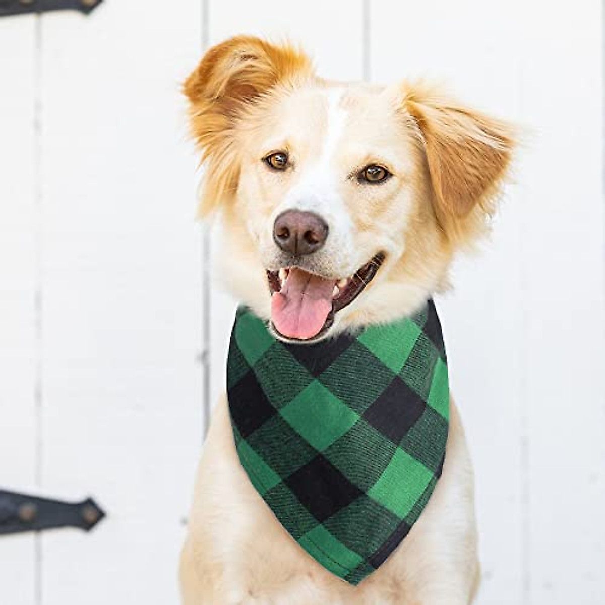 CROWNED BEAUTY Large Dog Bandana for Medium Large Dogs, Green Black Buffalo Plaid Adjustable Reversible Triangle Holiday Cutton Scarf DB10-L