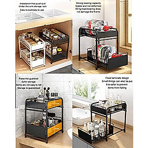 LEAYAN Multifunctional Under Sink Storage Metal Storage Drawer,Telescopic Sliding Drawer,Sliding Rack with Spice Dividers,Shower,Pantry,Kitchen,Bathroom,Under Sink Rack Shelf, White Short Large