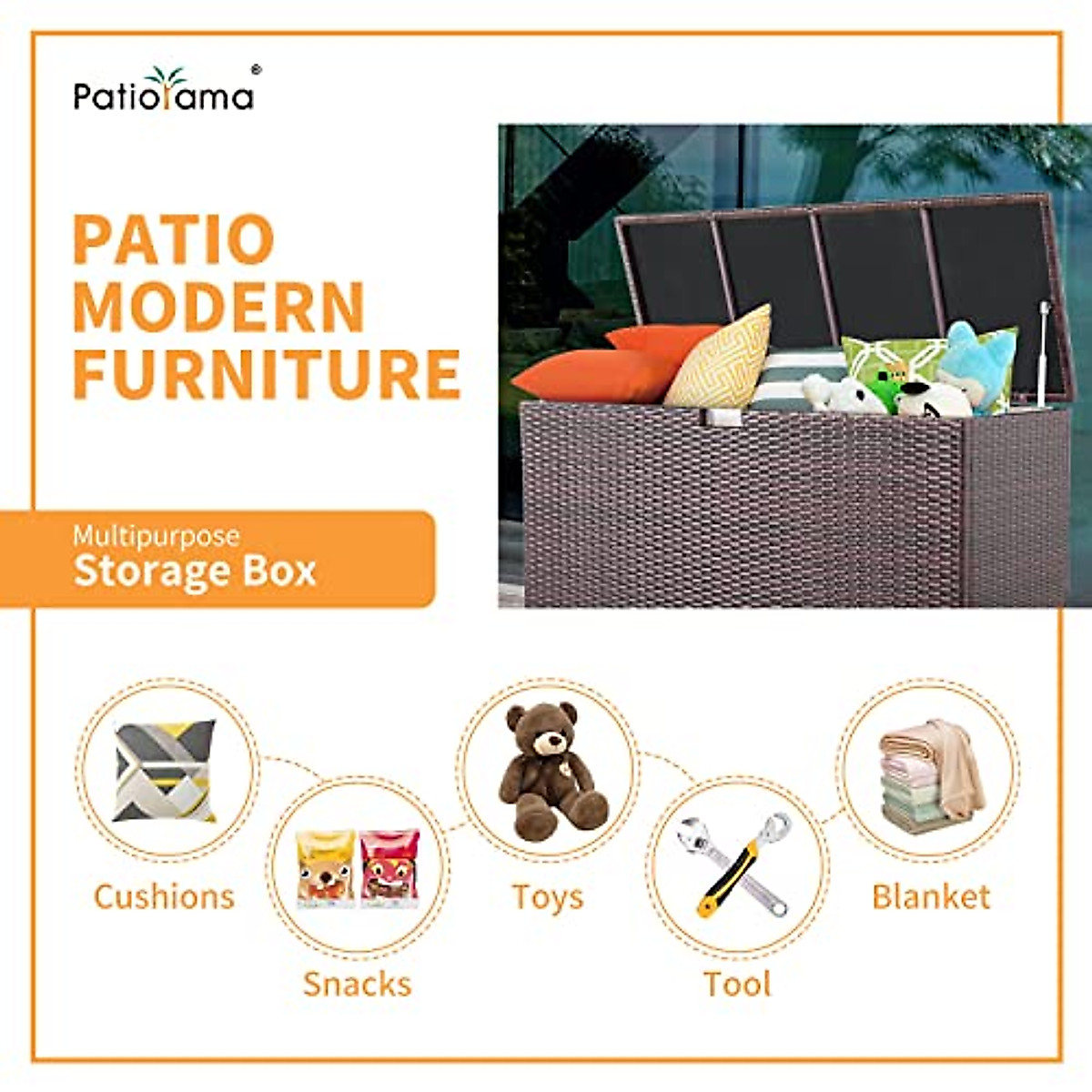 Patiorama Outdoor Wicker Storage Box, Garden Deck Bin with Aluminum Frame, Patio Cushion Storage, Brown Wicker Rattan Pool Storage Box, Water-Resistant Liner, 120 Gallon
