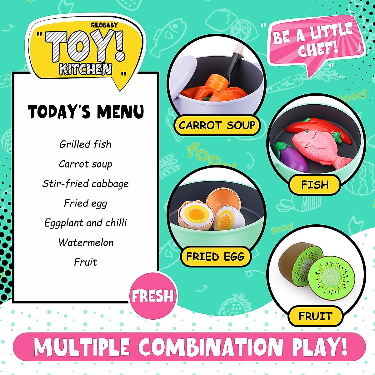 GILOBABY Play Kitchen Accessories, Play Food Sets for Kids Kitchen Playset with Pots and Pans Set, Cooking Utensils, Preschool Learning Education Toys for Toddlers, Birthday Gifts for Girls (Pink)