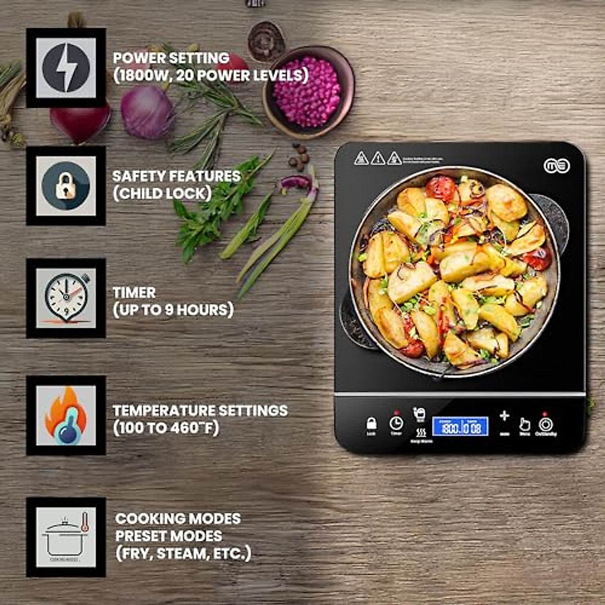 OMEO Portable Induction Cooktop Hot Plate Countertop Burner 1800 Watts Induction Burner with LCD Sensor Touch, LED Display, 10 Temperature Levels, Child Safety Lock, Auto Shutoff Function