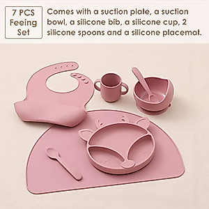 ROCCED Silicone Baby Feeding Set Baby Led Weaning Supplies Toddler Dish Set First Stage Solid Food Eating Utensil, Suction Plates with Spoons Baby Suction Bowls Bibs Cups Placemat- 6M+ Sage