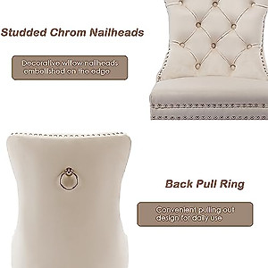 KCC Velvet Dining Chairs Set of 4 (Renewed), Upholstered High-end Tufted Dining Room Chair with Nailhead Back Ring Pull Trim Solid Wood Legs, Nikki Collection Modern Style for Kitchen, Beige