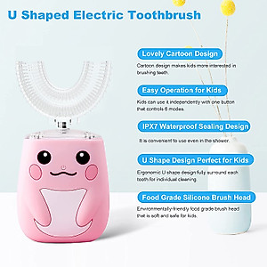 Kids Electric Toothbrush, U Shaped Ultrasonic Automatic Tooth Brush, Toothbrush with 2 Brush Heads, Six Cleaning Modes, IPX7 Waterproof, Cartoon Modeling Design for Toddler Children (Pink, 8-15Y)