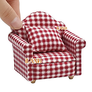 iLAND Dollhouse Furniture on 1/12 Scale for Dollhouse Living Room incl Sofa w/Pillow & End Table & Rug (Red White Gingham Armchairs Set)