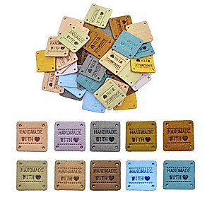 40 Pcs PU Leather Label Faux Leather Handmade Sew on Tag Label Handmade Embossed Tag Embellishment Crochet Knit DIY Jeans Bags Shoes Hat(LZ, 10colors)