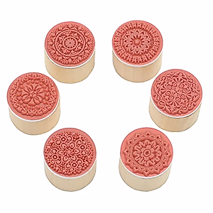 6 Pcs Flower Pattern Round Wooden Rubber Stamp for Scrapbooking and Wedding Invitation Cards (Flower Design)