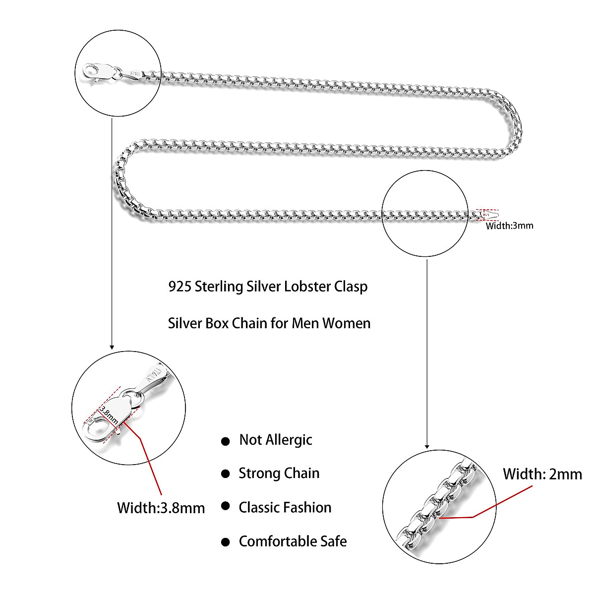 Waitsoul 925 Sterling Silver Box Chain Lobster Clasp 2mm Silver Chain for Women Men Silver Necklace Chain 16-30 Inches (16)