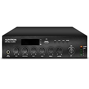 Alfatron 60W-UB Compact Mixer Amplifier with Bluetooth, On Board Tuner, Built-in USB MP3 Player, & Front Panel Mic Input, 60W at 70/100V, Perfect for Classrooms & Shops