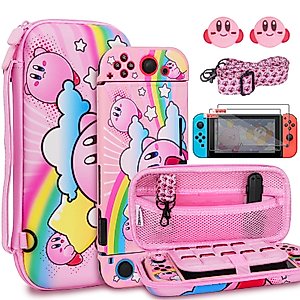 TIKOdirect Carrying Case for Nintendo Switch, Cute Portable Travel Bag in Newest Updated Design of Pink Interior with Soft Protective Case, Screen Protectors and Thumb Grip caps, Kirby