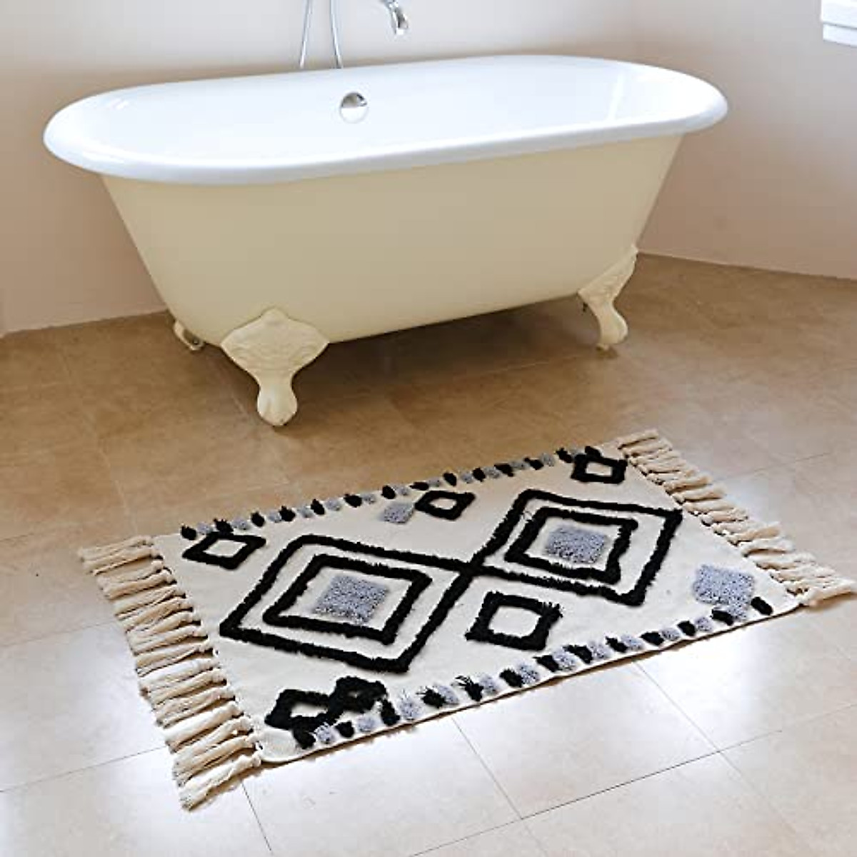 Snugtown Geometric Boho Tufted Area Rug, Diamond Pattern Farmhouse Floor Mat with Tassel for Kitchen Laundry Doorway Bedroom, Black Ivory, 2' x 3'