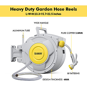 BLUBERY 5/8" x 100+6.7ft Retractable Garden Hose Reel with Slow Return System, Heavy-Duty Wall-Mounted 39.3LB, 10" Handle, 180° Swivel Bracket, Any Length Lock