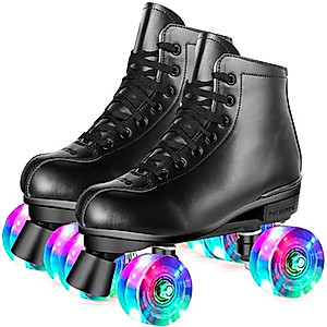Perzcare Roller Skate Shoes for Women&Men Classic PU Leather High-top Double-Row Roller Skates for Beginner, Professional Indoor Outdoor Four-Wheel Shiny Roller Skates for Girls Unisex