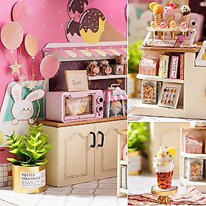 TuKIIE DIY Miniature Dollhouse Kit with Furniture, 1:24 Scale Creative Room Mini Wooden Doll House Accessories Plus Dust Proof for Kids Teens Adults(Ice Cream Shop)