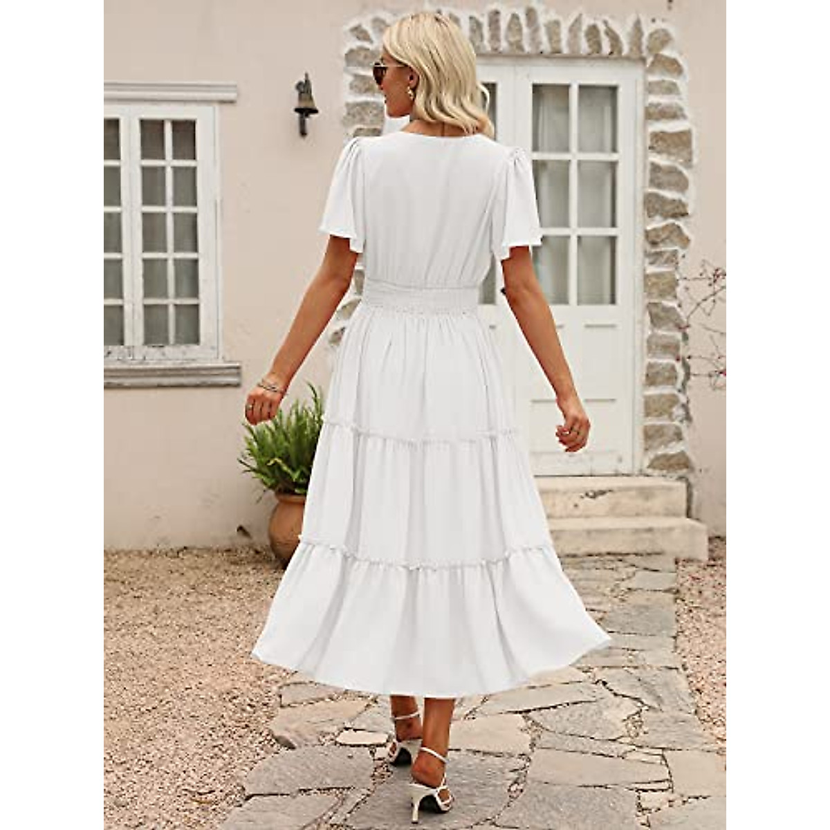 LILLUSORY Womens Modest Graduation Smocked V Neck Flowy Tiered A Line Midi Dresses 2023 Summer Short Flutter Sleeves Empire Waist Derby Long Maxi Dress White