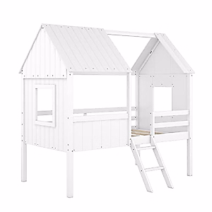 BOVZA Twin Playhouse Bed for Kids, Wood House Low Loft Bed with Two Side Windows and Roof for Girls and Boys Bedroom, White