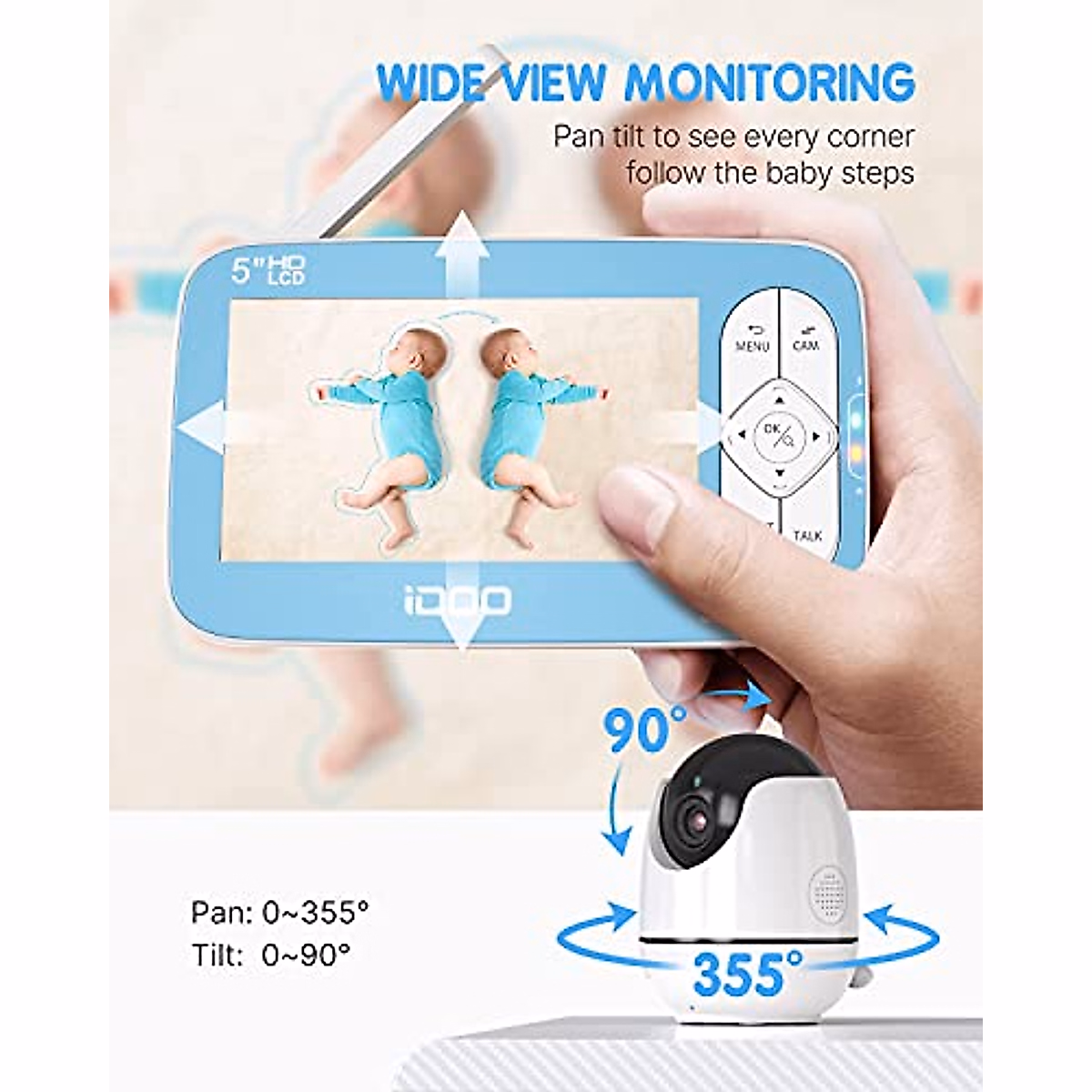 iDOO Baby Monitor, Baby Monitor with Camera and Audio 720P, Baby Monitor no WiFi with Night Vision, 5" HD Display, Remote Pan-Tilt-Zoom, 900 ft Long Range, Two-Way Talk, Room Temperature, Lullabies