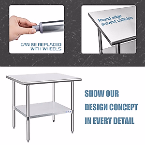 Hally Stainless Steel Table for Prep & Work 30 x 36 Inches, NSF Commercial Heavy Duty Table with Undershelf and Galvanized Legs for Restaurant, Home and Hotel