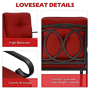 Giantex Patio Loveseat with Coffee Table Outdoor Bench with Cushion and Metal Frame, Loveseat Porch Furniture Set Sofa for Garden, Yard, Patio or Poolside (Deep Red & Black)