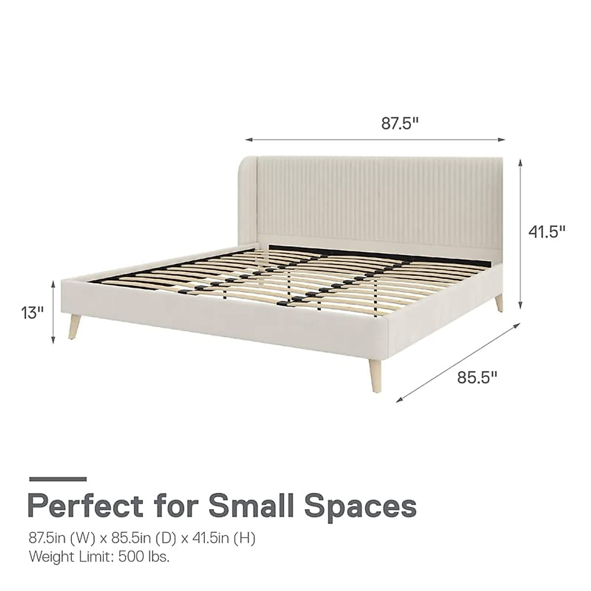 Novogratz Holly Upholstered Wingback Bed Frame, King, Ivory Velvet