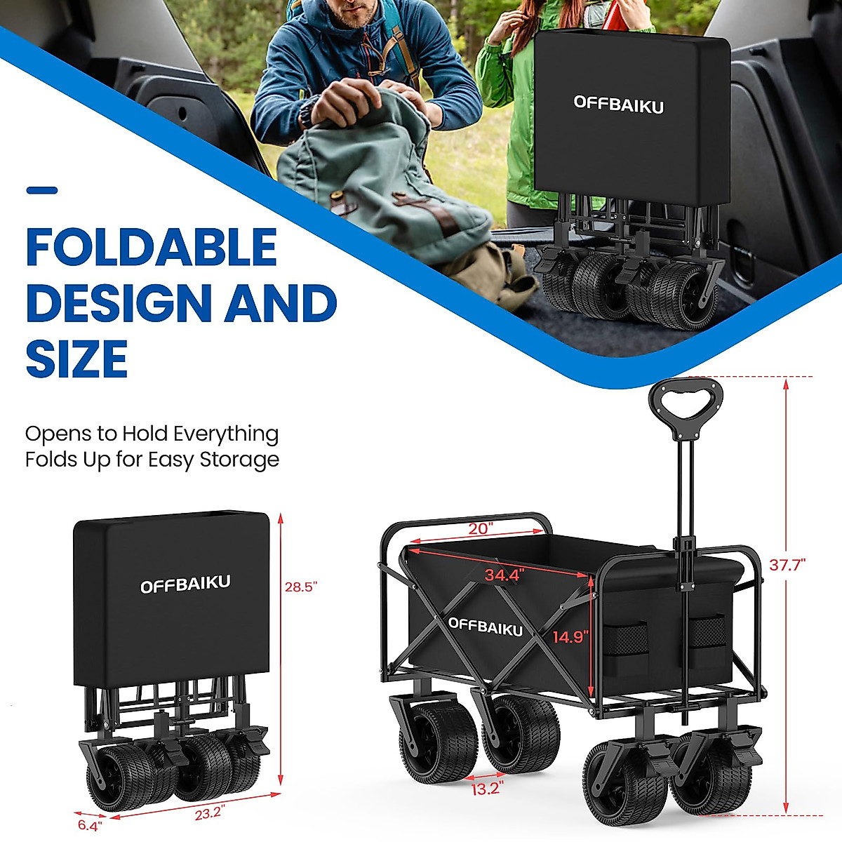 OFFBAIKU Collapsible Folding Wagon with 330lbs Weight Capacity Wagon Cart Heavy Duty Foldable with Big All-Terrain Wheels Beach Wagon Utility for Beach,Sand,Camping,Black