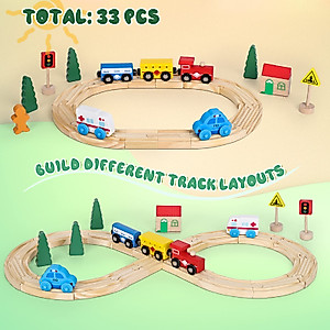 DeXop Wooden Train Set Toys Toddler, 33 Pieces Magnetic Trains Wood Tracks, Train Toy Cars Birthday Gift for 3 4 5 6 Years Old Boys Girls, Wood Train Pack Fits Thomas Brio Melissa and Doug