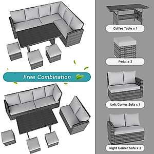IDEALHOUSE 7 Pieces Outdoor Dining Set,Patio Sectional Sofa Conversation Set All Weather Wicker Rattan Couch Dining Table & Chair with Ottoman Grey