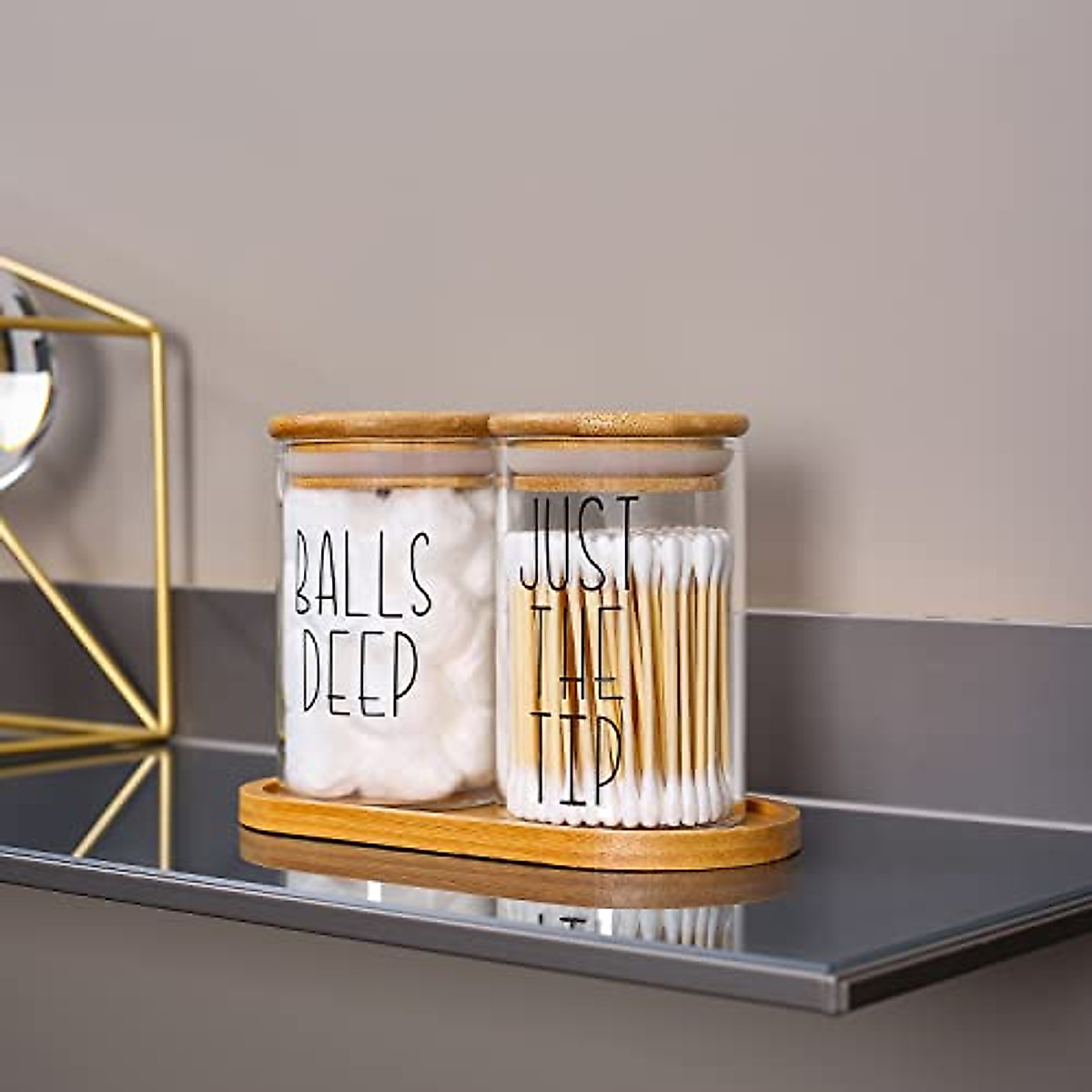 MOMEEMO Funny Qtip Holder and Cotton Ball Holder Set for Bathroom Organization. Apothecary Jars with Bamboo Tray are Great for Farmhouse Bathroom Decor, Rustic Bathroom Decor. (Glass&Tray)