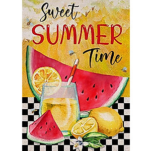 Covido Home Decorative Sweet Summer Time Garden Flag, Buffalo Plaid Check Lemon House Yard Watermelon Bee Lemonade Outside Decoration, Seasonal Farmhouse Outdoor Small Burlap Decor Double Sided 12x18