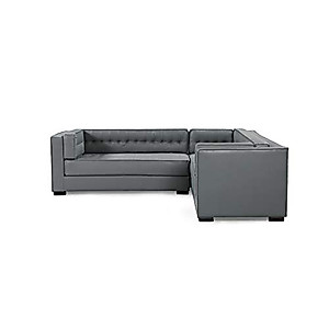 Iconic Home Lorenzo Right Facing Sectional Sofa L Shape PU Leather Upholstered Tufted Shelter Arm Design Espresso Finished Wood Legs Modern Transitional, Grey