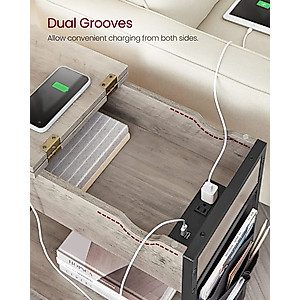 VASAGLE Side Table with Storage, End Table with USB Ports and Outlets, Nightstand with Charging Station, Fabric Bags, for Living Room, Bedroom, Greige and Black ULET310B02, 23.6 x 12.4 x 23.6 Inches