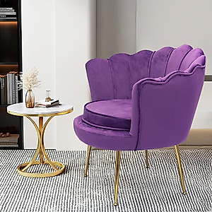 MoNiBloom Upholstered Velvet Accent Chair Elegant Mid-Century Modern Purple Shell Chair w/Cushion and Golden Legs, Retro Leisure Tufted Flower Arm Chair for Living Room Bedroom Reading Areas
