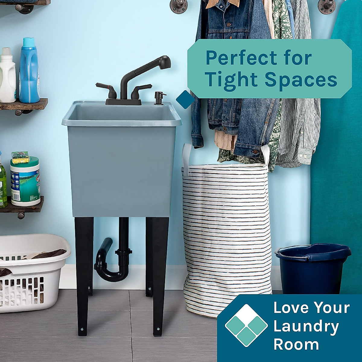 Space Saver Utility Sink by JS Jackson Supplies, Pull-Out Faucet, Soap Dispenser, Grey Tub with Black Faucet