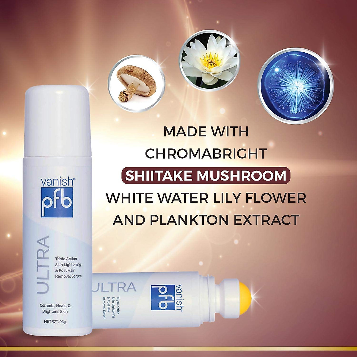 PFB Vanish Ultra with Chromabright & Shitake Mushroom, Triple Action Dark Spot Remover, Ingrown Hair & Razor Bump Stopper, Roll-On Skin Care Treatment, 93g – New Formula