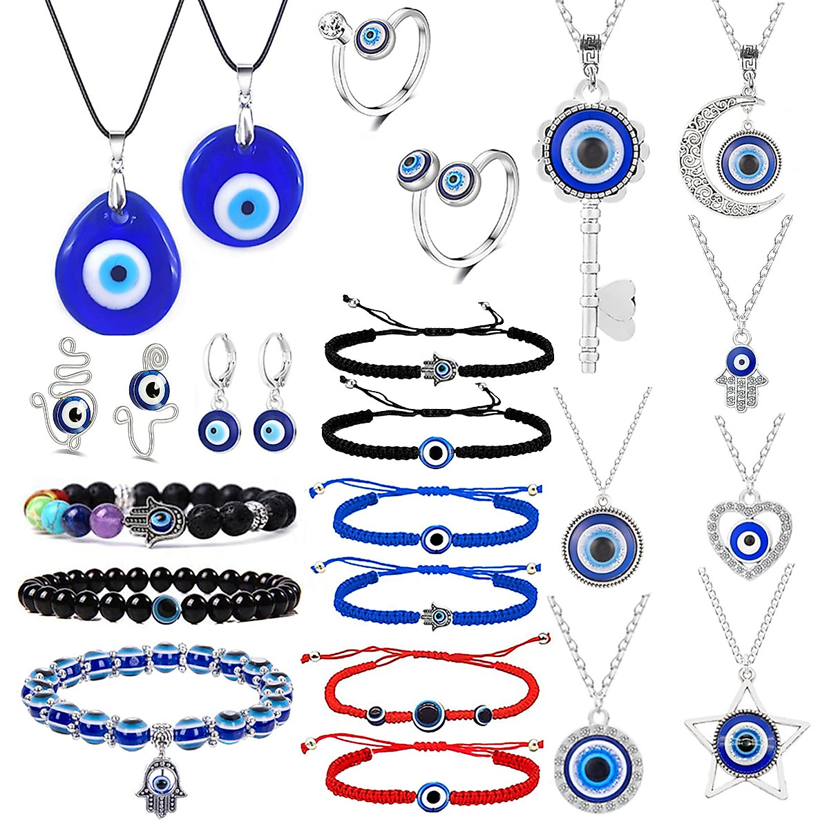 Svovin 23 Pieces Evil Eye Necklace Pendant for Women Men Turkish Lucky Blue Eyes Amulet Leather Rope Evil Eyes Earrings Bracelets Jewelry Set
