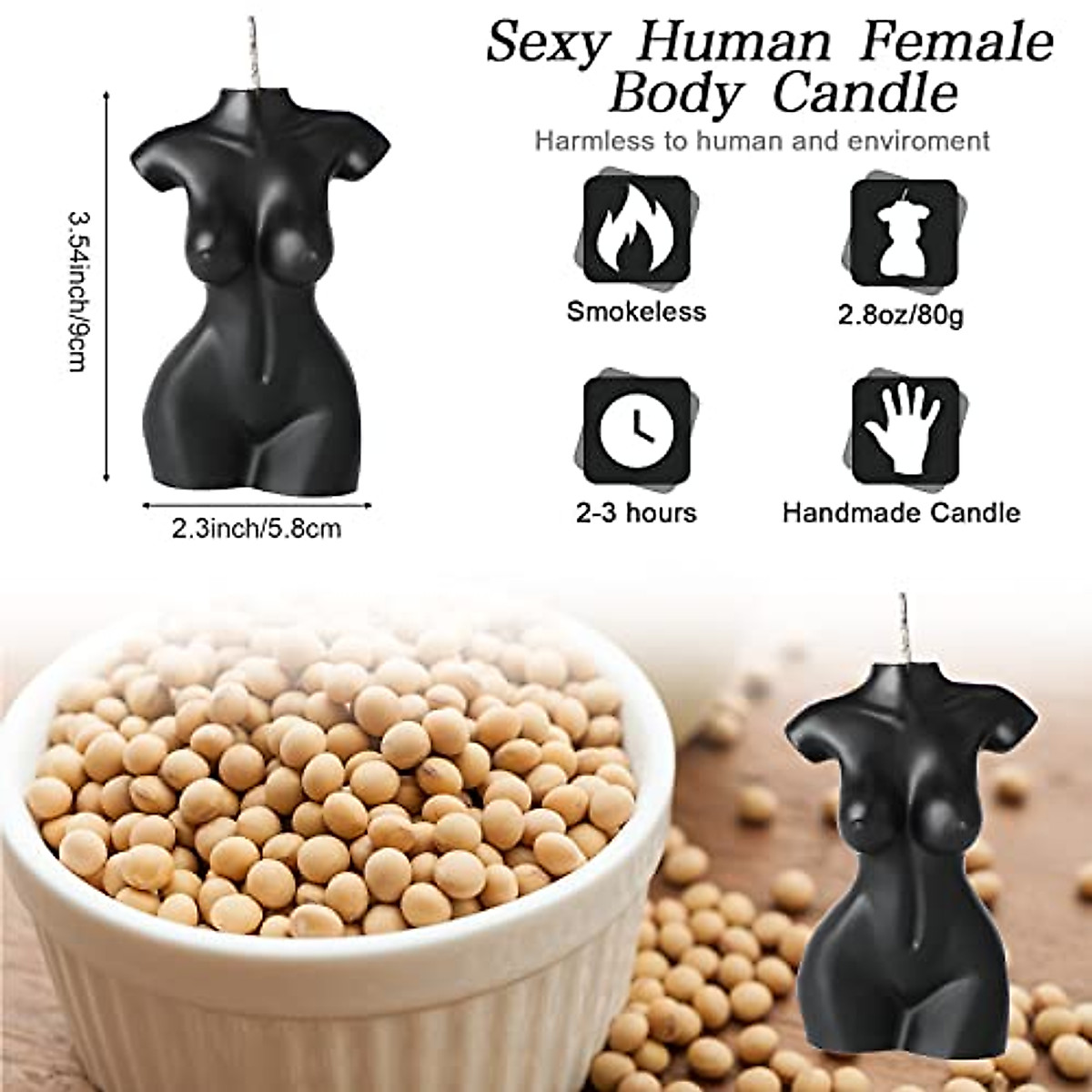 2 Pieces Body Shaped Candle Female Body Candle Men Torso Candle Soy Wax Scented Candle Scented Candle Male Body Candle Decorative Candle for Bedroom Bathroom Wedding (Black)