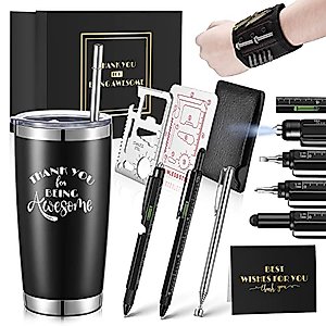 Yinkin 9 Pcs Father's Day Gifts for Dad Included 20 oz Tumbler with Straw 9 in 1 Multitool Pen 11 in 1 Survival Card Tool Magnetic Wristband Magnetic Grabber Gift Box for Men