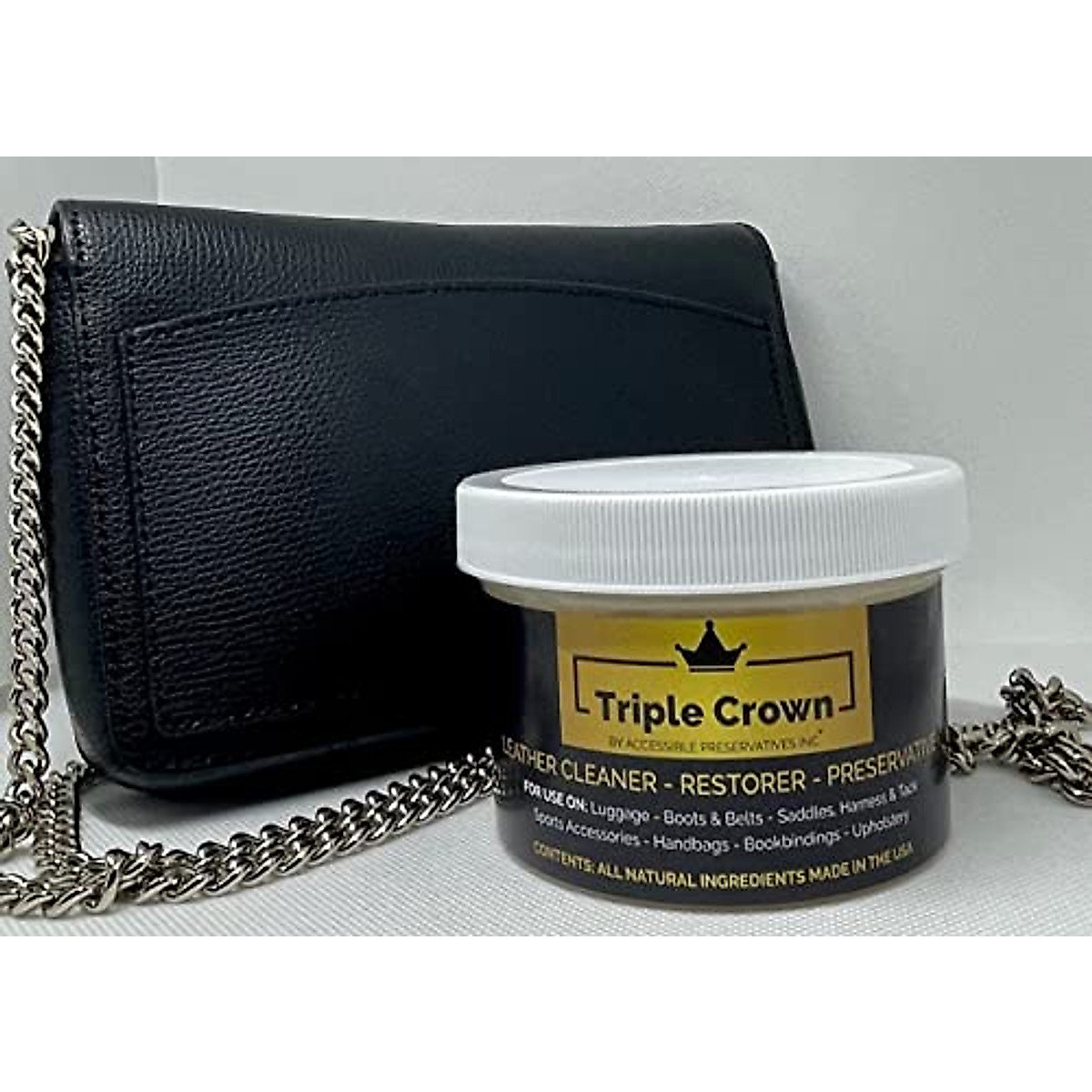 Accessible Preservatives 4 Ounce Leather formula; leather conditioner; leather cleaner; leather restorer for use on auto interiors, shoes, bags. Made in the U.S.A.
