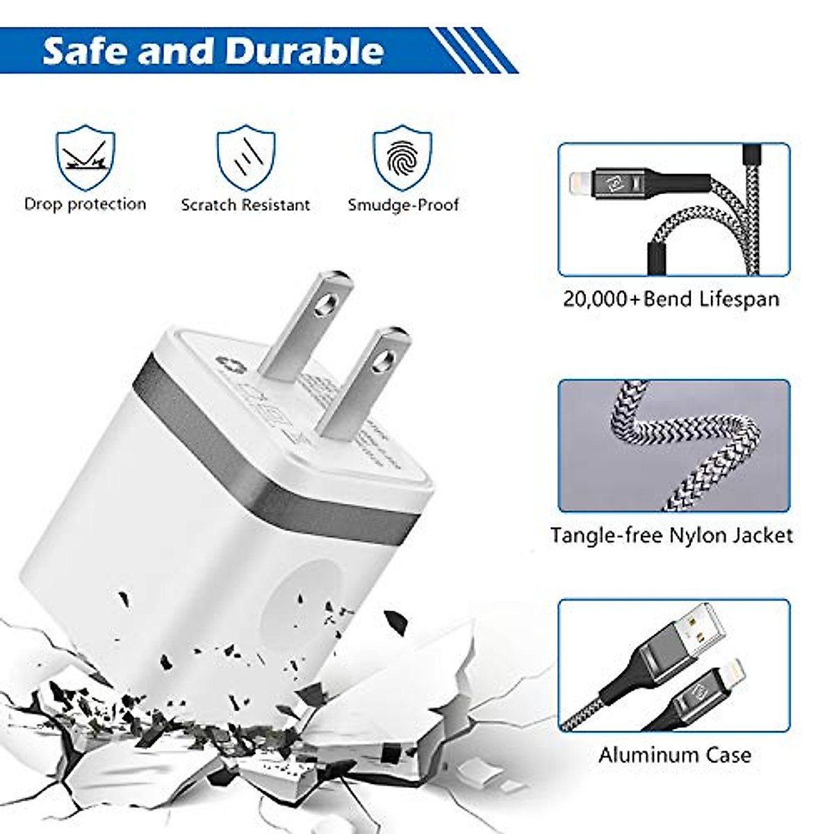 WHIRELEAST iPhone Charger Cable 10 FT with Wall Plug, Braided Long iPhone Charging Cord + Dual USB Wall Charger Block Adapter Compatible with iPhone 12/11/11 Pro Max/XS/XR/X/8/7/6 Plus, iPad (4-Pack)